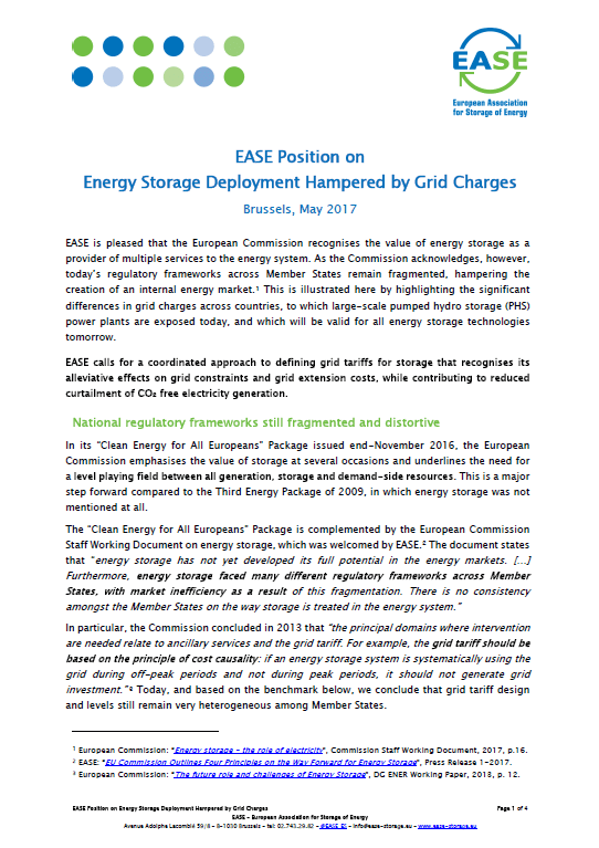 EASE Position on Energy Storage Deployment Hampered by Grid Charges ...